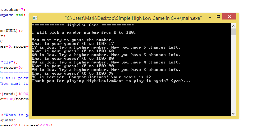 Simple High Low Game in C++ Free Source Code | SourceCodester